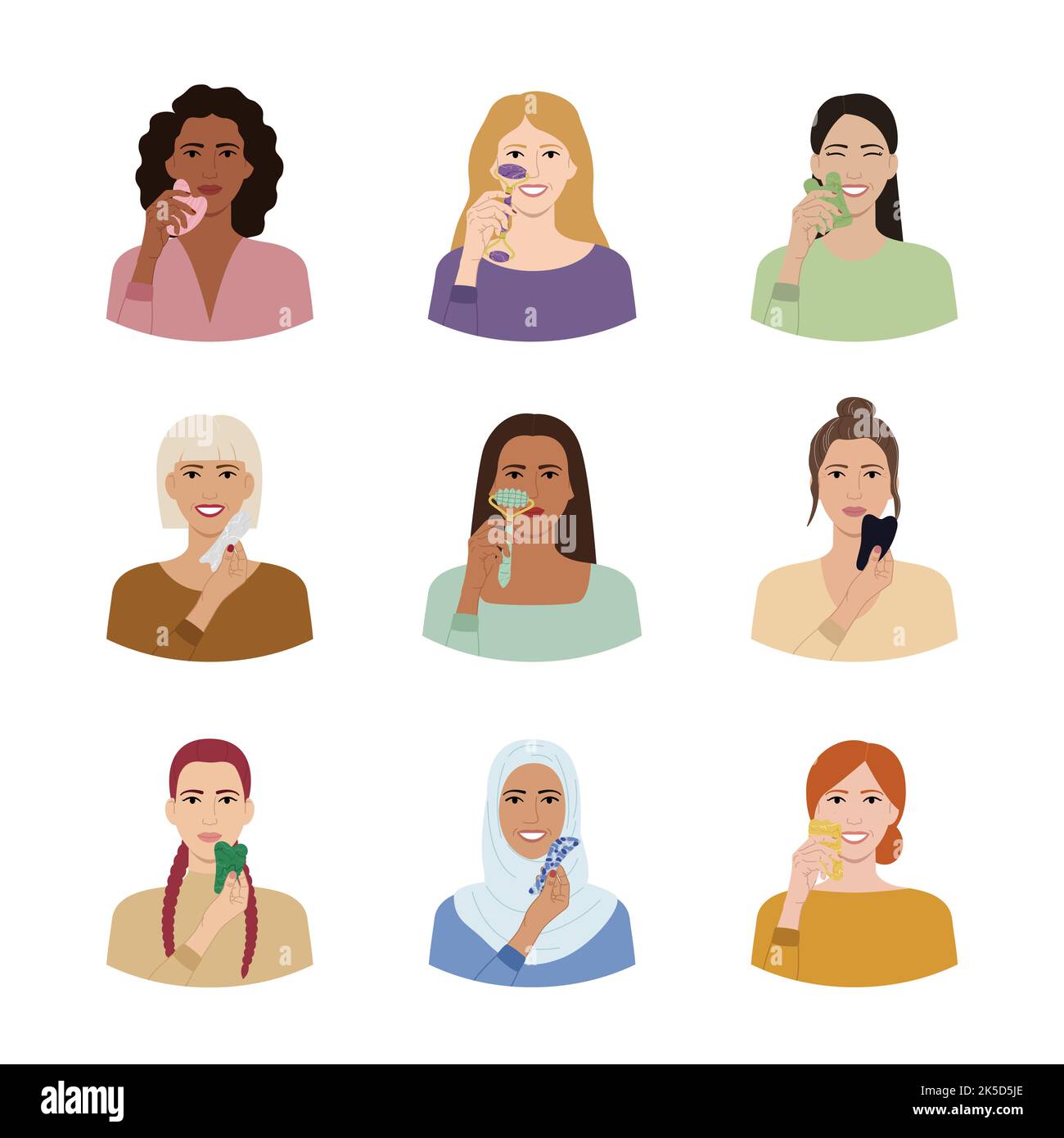 Set of portraits of diversity women with gua sha scraper and roller ...