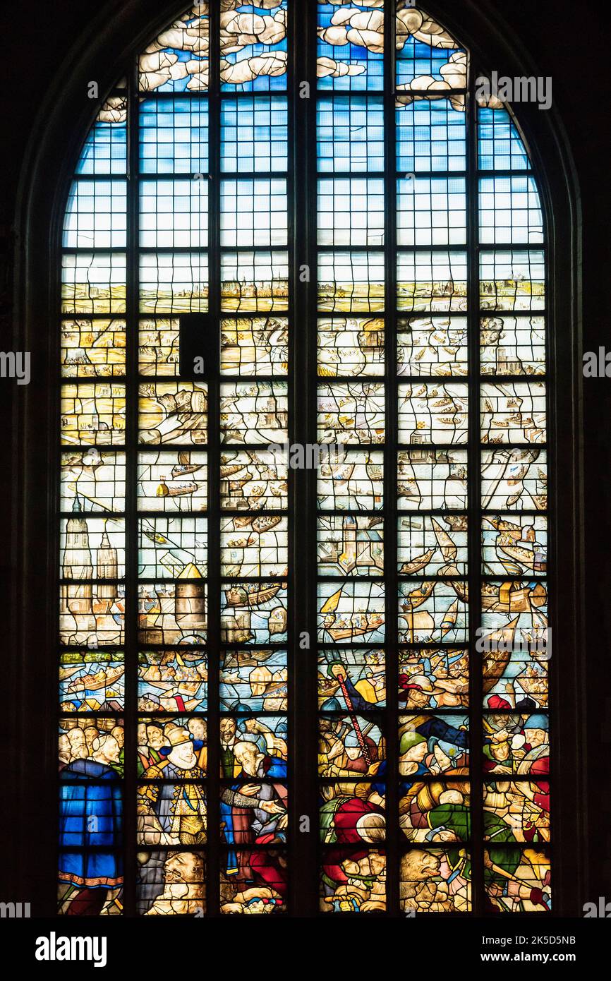 Netherlands, Gouda, Sint Janskerk, stained glass window "The liberation ...
