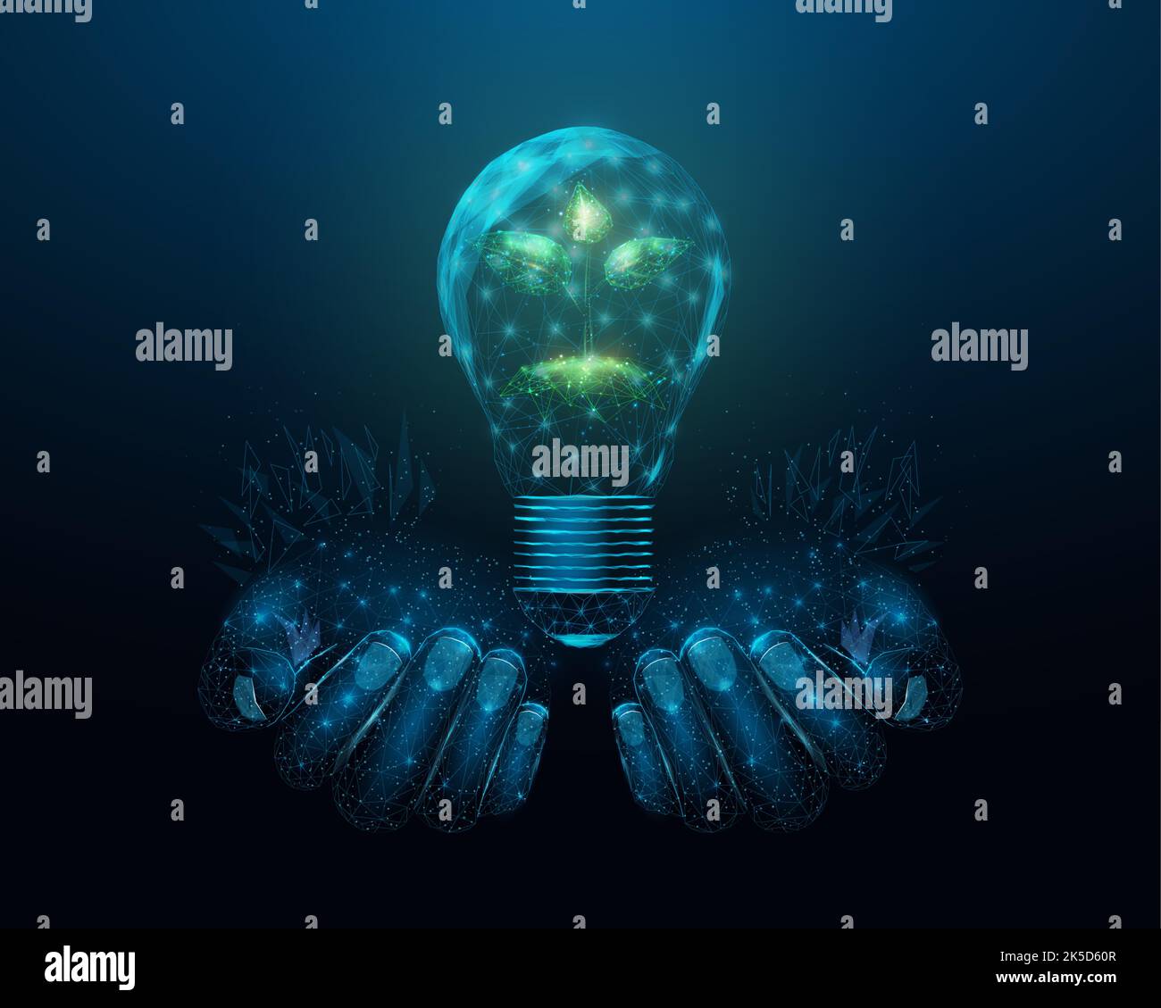 Two human hands are holds lightbulb with a plant. Saving energy ecology ...