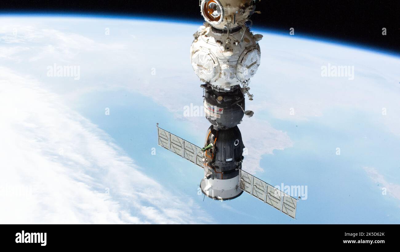 The Soyuz MS-21 crew ship is pictured docked to the Prichal docking ...