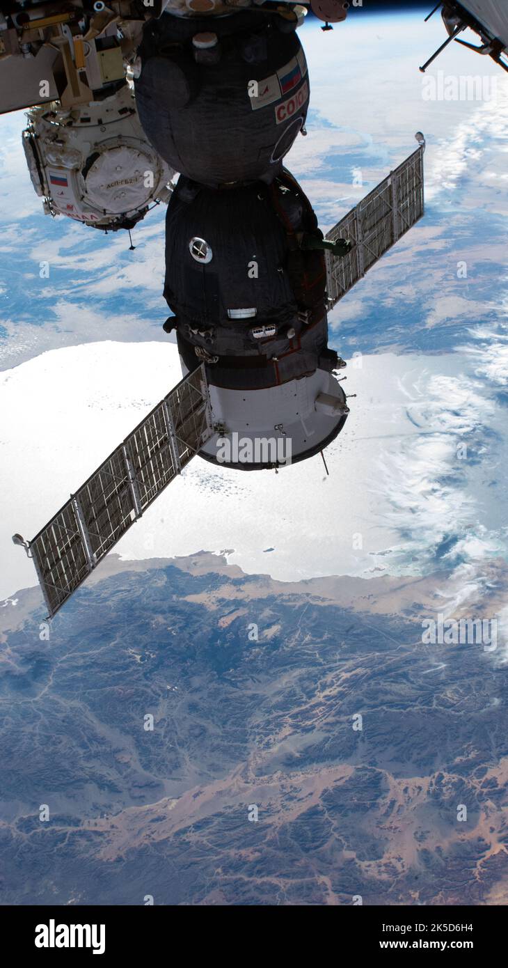 The Soyuz MS-19 crew ship and the Prichal docking module (in the ...