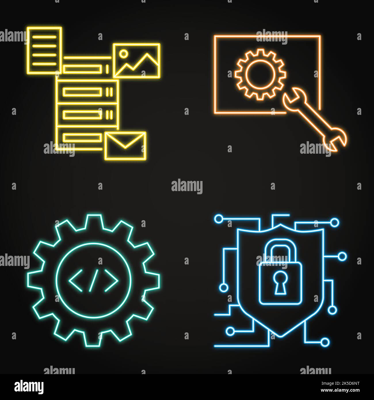 Software data processing, update and protection neon icon set. Data ...
