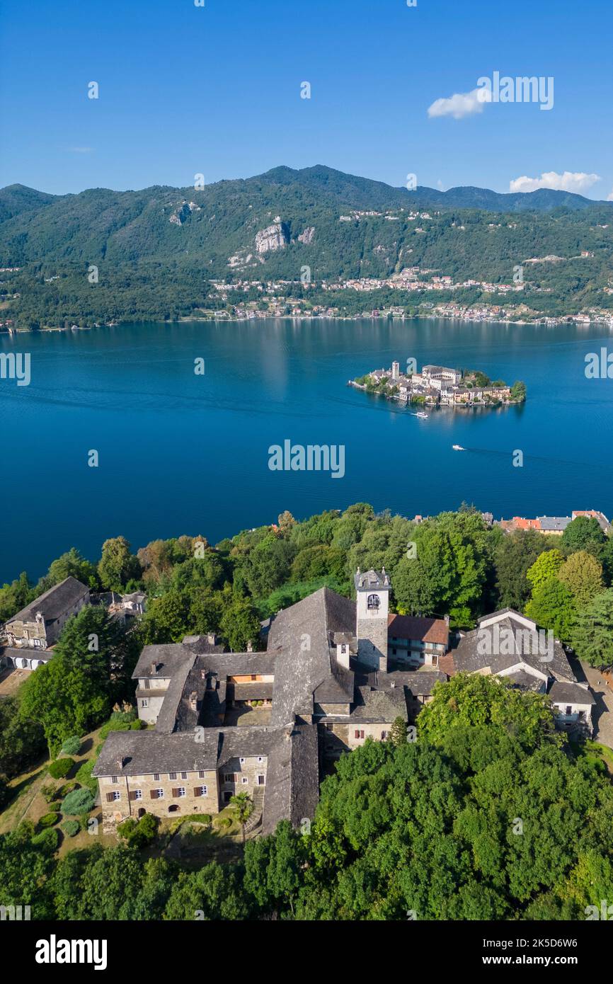 Aerial view of the Sacro Monte of Orta and the Isola di San Giulio on ... Aerial view of the Sacro Monte of Orta and the Isola di San Giulio on ...