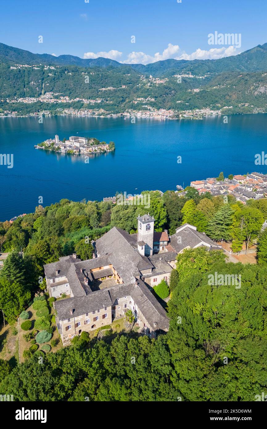 Aerial view of the Sacro Monte di Orta and Isola di San Giulio on Lake ...