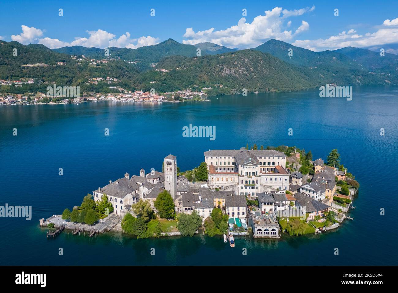 Aerial view of Isola di San Giulio on Lake Orta in the summer. Orta ...