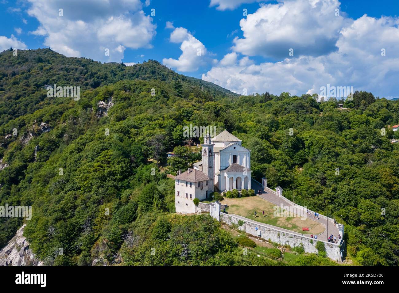 Aerial view of the Madonna del Sasso sanctuary in Boleto, Orta Lake ...