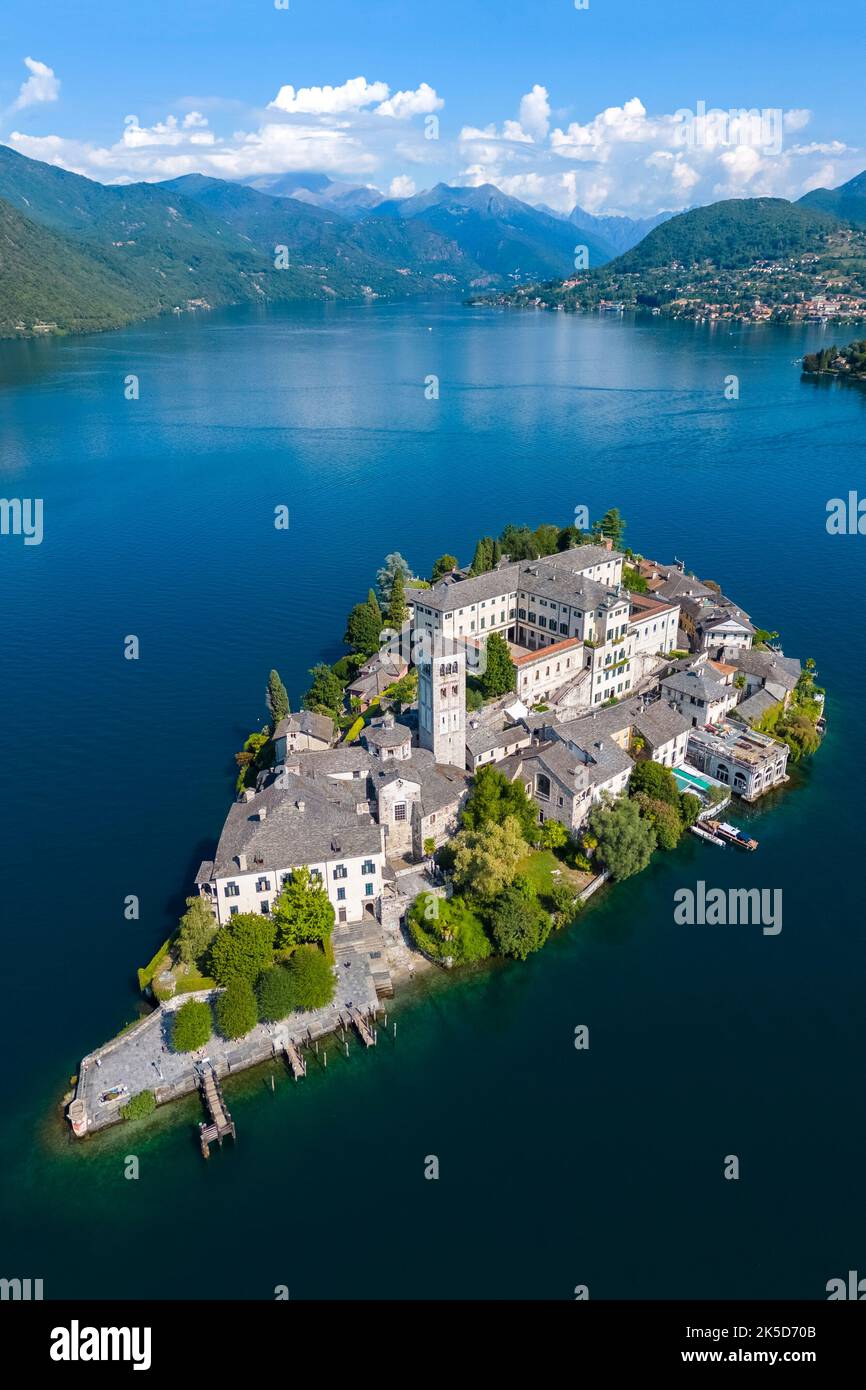 Aerial view of Isola di San Giulio on Lake Orta in the summer. Orta ...
