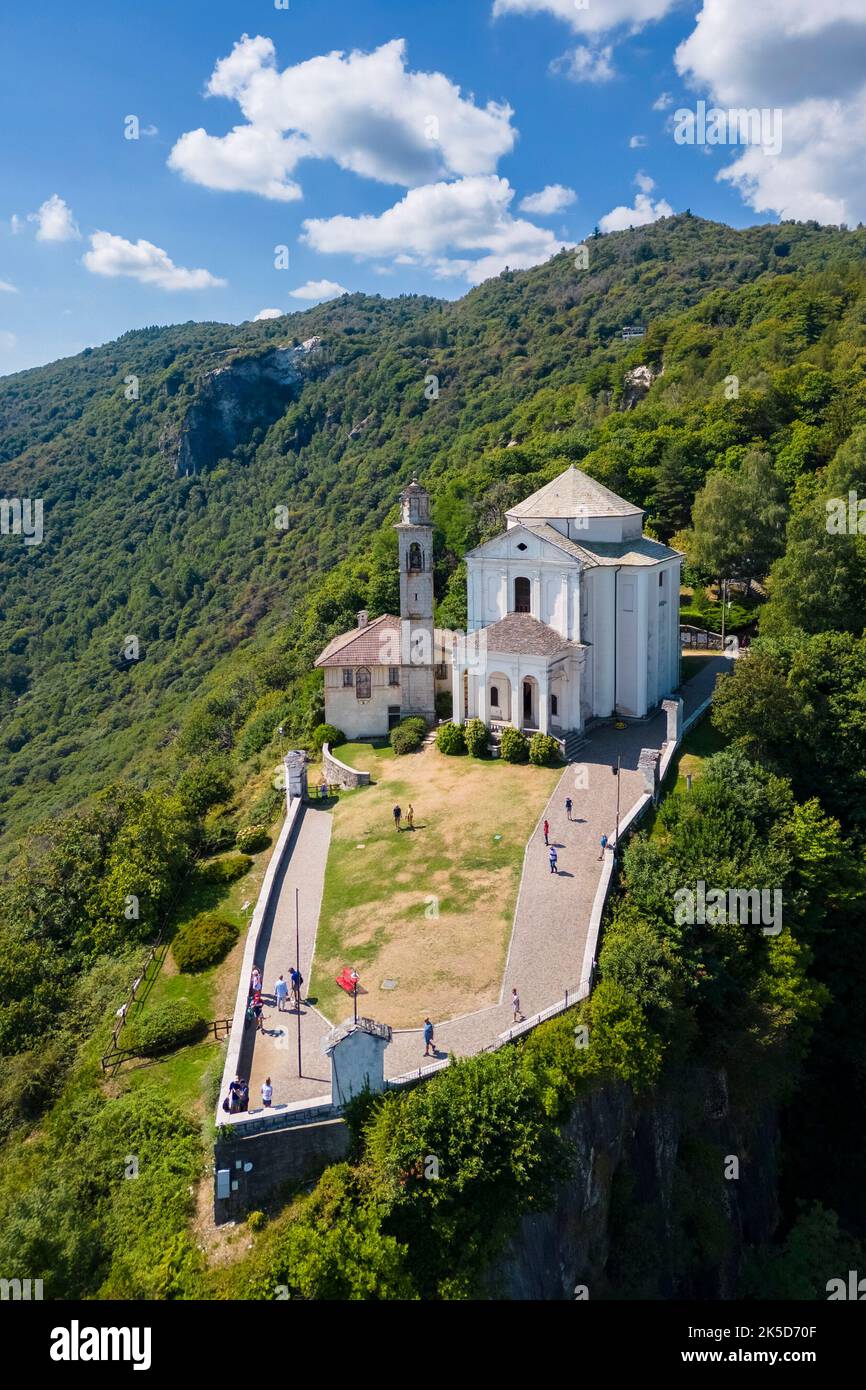 Aerial view of the Madonna del Sasso sanctuary in Boleto, Orta Lake ...