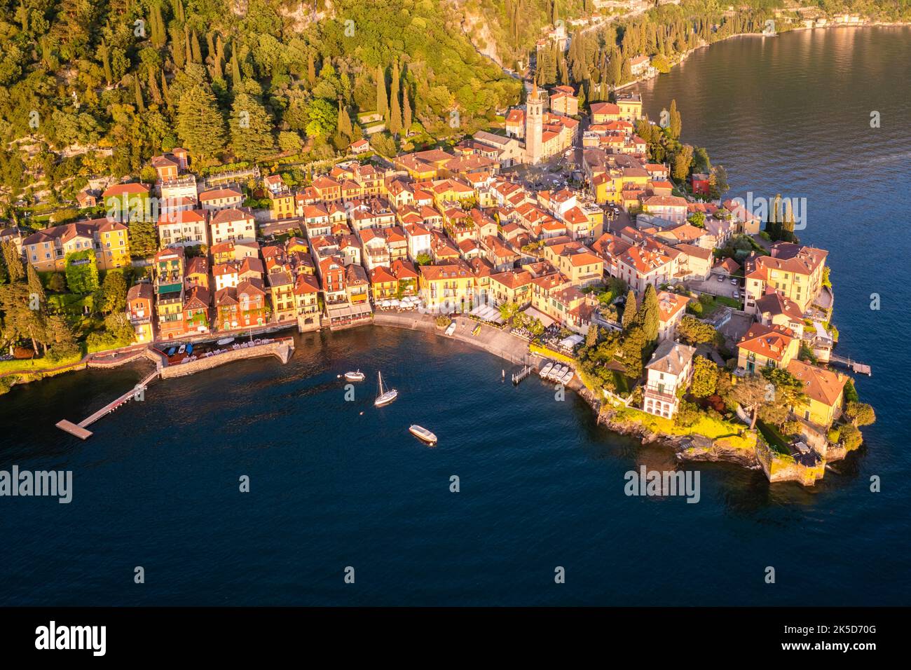 Aerial view of the town of Varenna, Lake Como, at sunset in summer ...