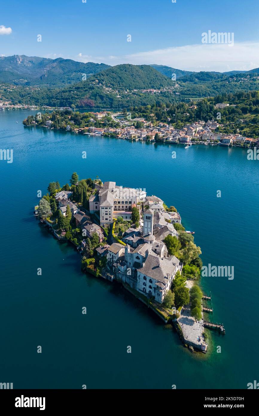 Aerial view of Isola di San Giulio on Lake Orta in the summer. Orta ...