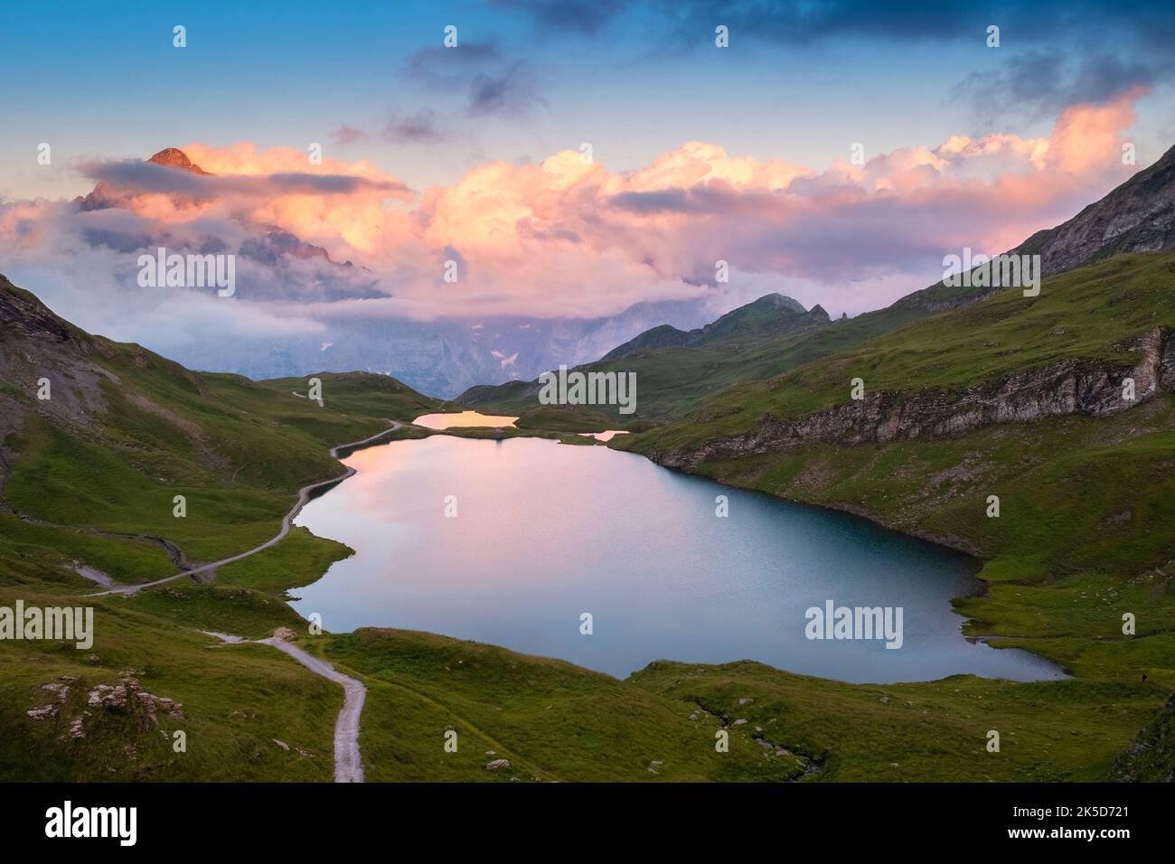Aerial view of the Bachalpsee lake during a summer sunset. Grindelwald ...