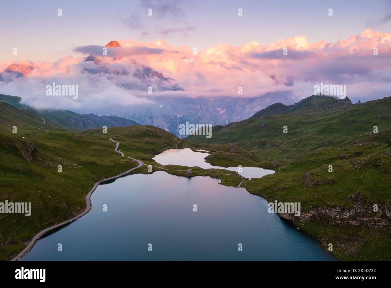 Aerial view of the Bachalpsee lake during a summer sunset. Grindelwald ...