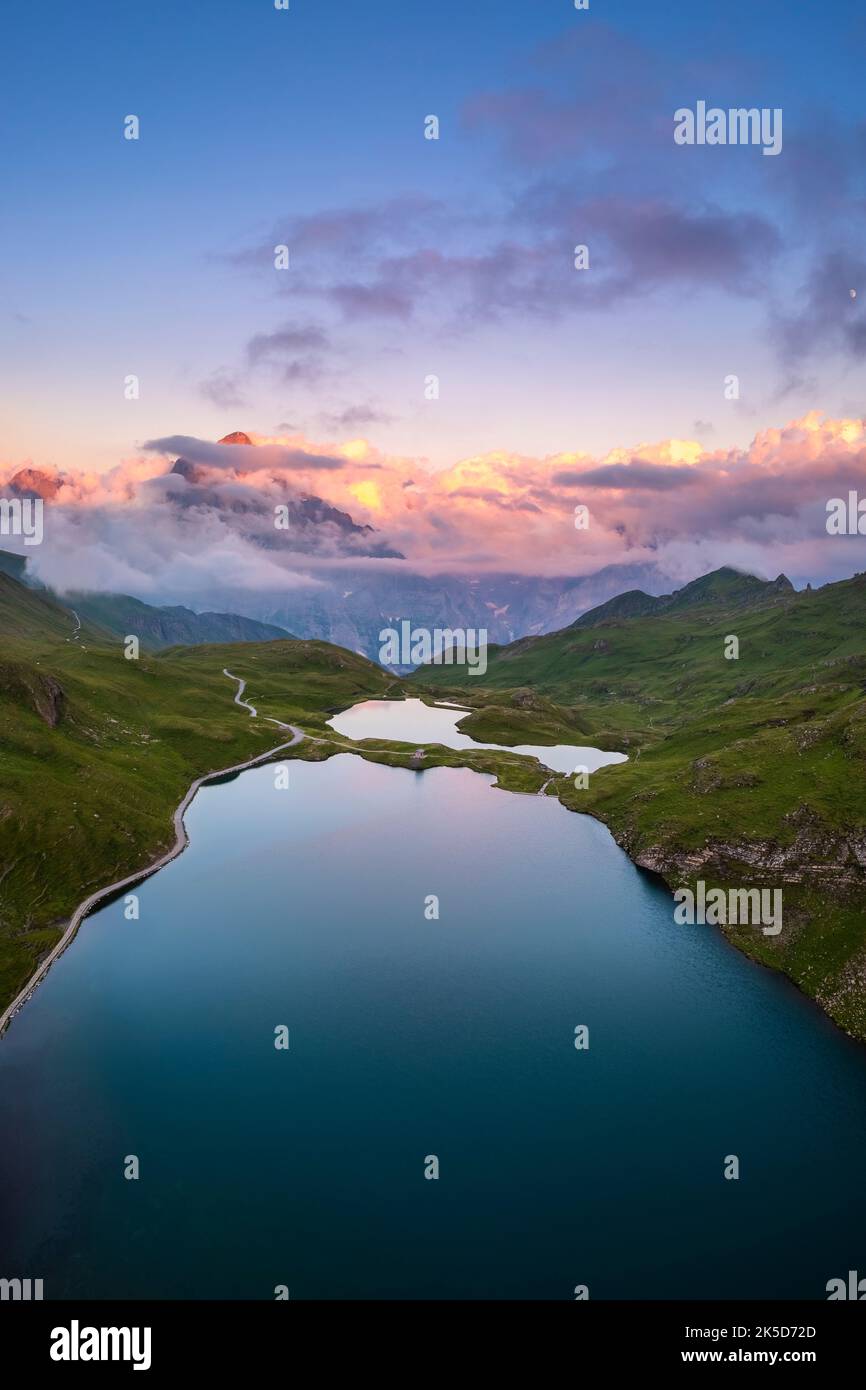 Aerial view of the Bachalpsee lake during a summer sunset. Grindelwald ...
