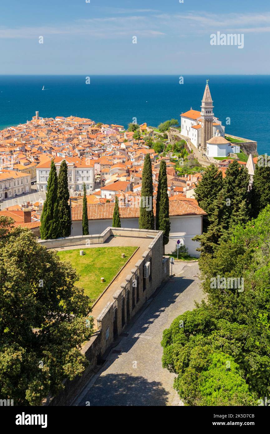 St. George's Parish church and the rooftop of Piran viewed from the town walls. Piran, Istria ...
