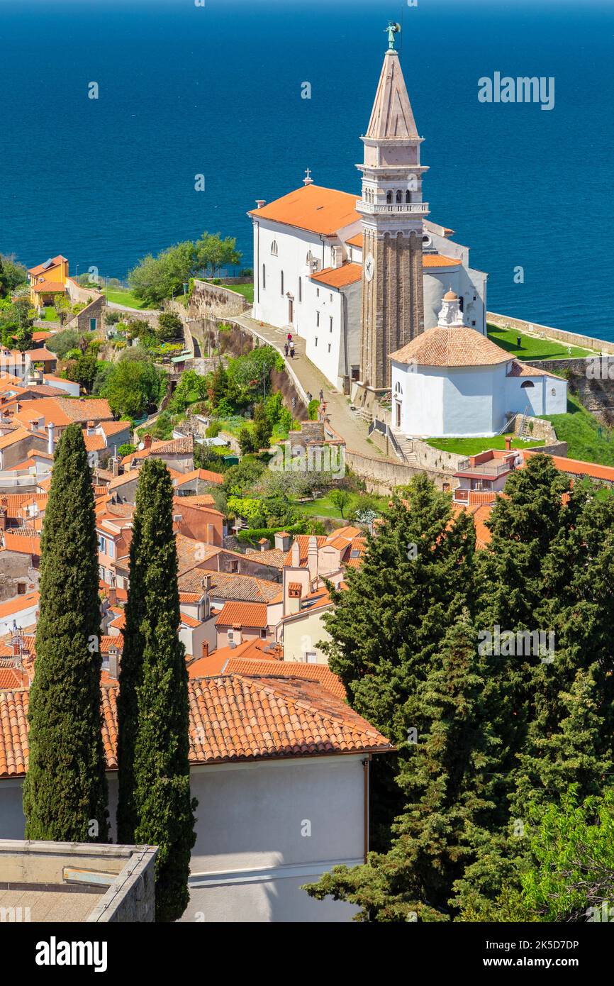 St. George's Parish church and the rooftop of Piran viewed from the town walls. Piran, Istria ...