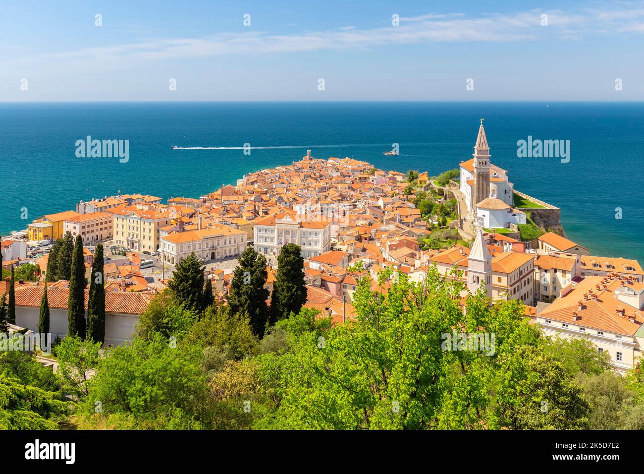 St. George's Parish church and the rooftop of Piran viewed from the town walls. Piran, Istria ...