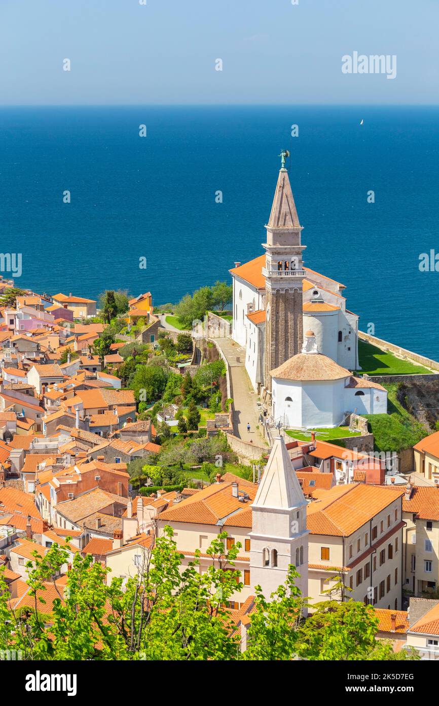 St. George's Parish church and the rooftop of Piran viewed from the town walls. Piran, Istria ...