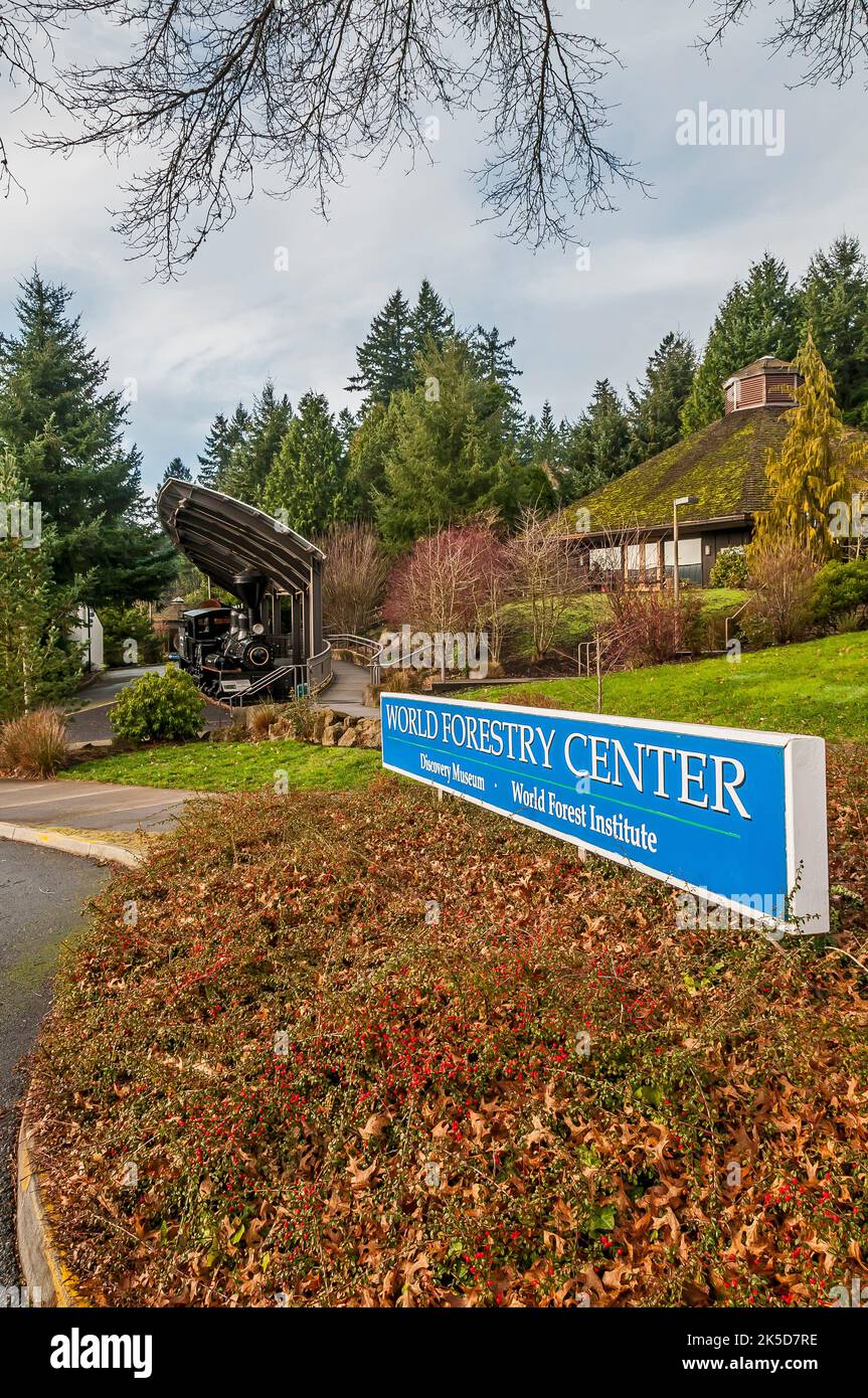 Washington Park's World Forestry Center with blue marquee sign in ...