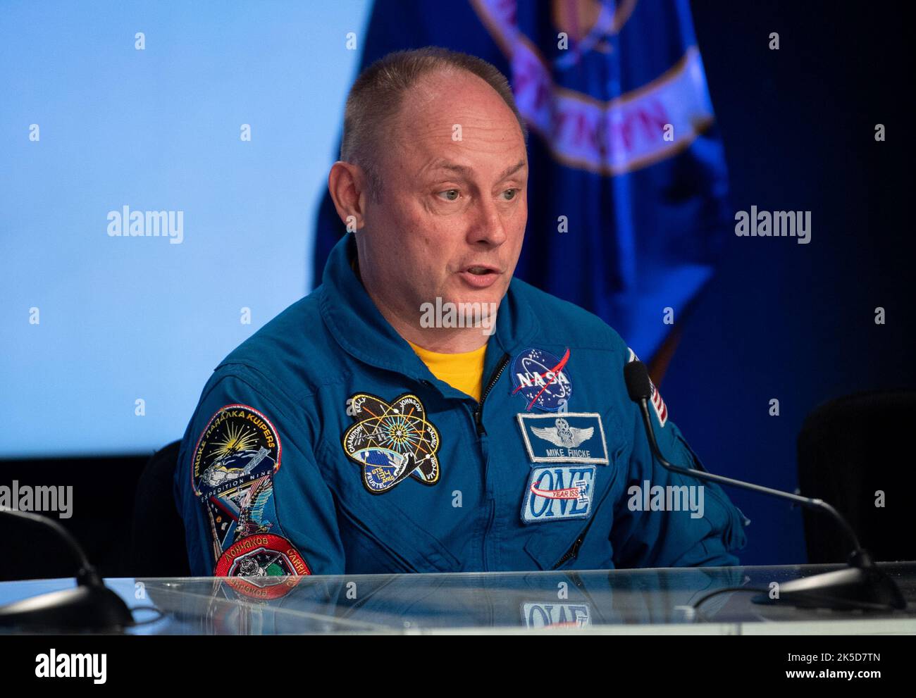 NASA astronaut Mike Fincke delivers remarks during a press conference ...