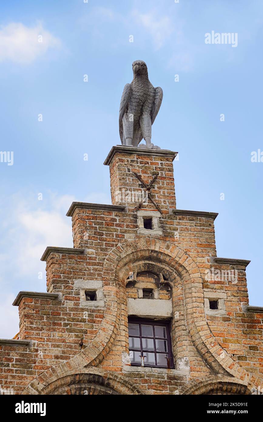 Gabled house with eagle figure, Veurne, West Flanders, Flanders ...