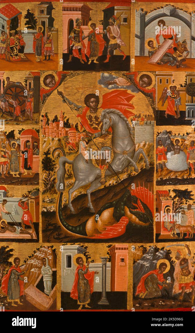 Saint George slaying the dragon and scenes from his life, between 1700 and 1750 Stock Photo - Alamy
