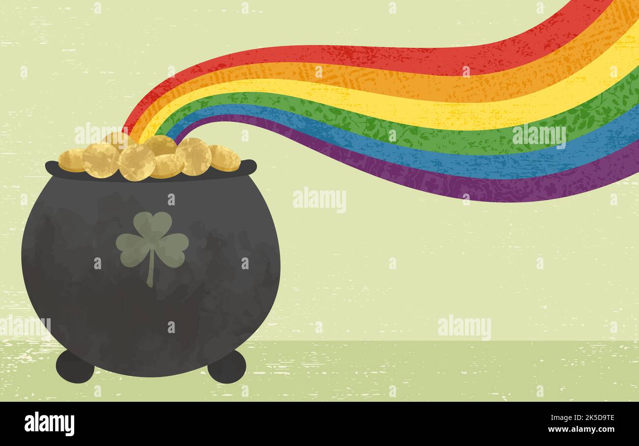 A pot of gold and flowing rainbow in a cut paper style with textures ...