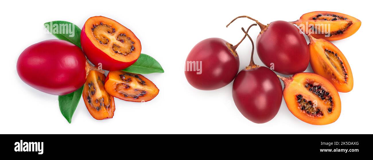 Fresh tamarillo fruit with leaves isolated on white background. Top ...