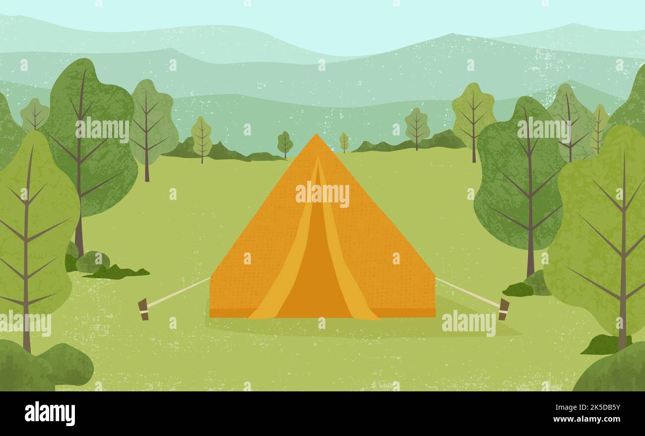 An outdoor camping scene and mountains in a cut paper style with ...