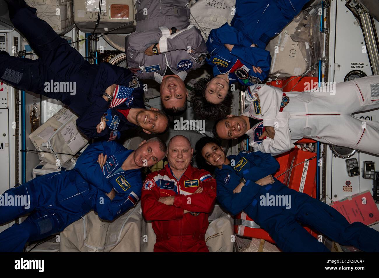 The seven-member Expedition 67 crew poses for a portrait inside the ...