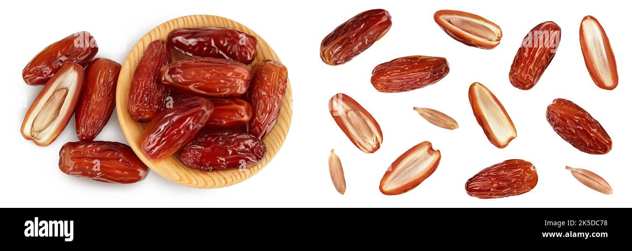 Dates in wooden bowl isolated on white background. Top view. Flat lay ...