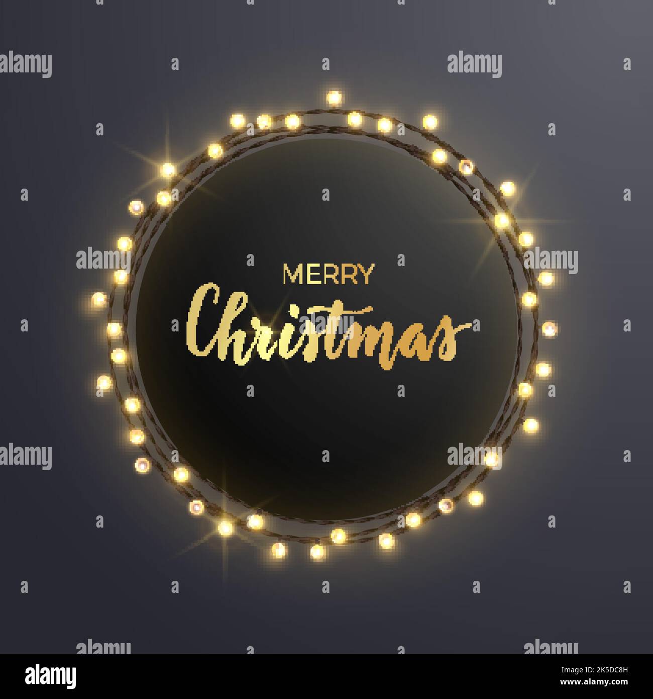 Round Christmas design with light bulb garland on dark backround ...