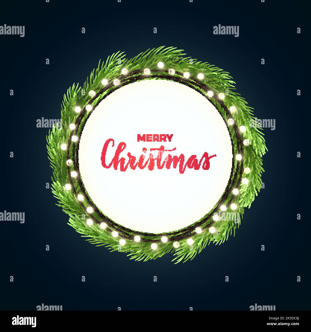 Round Christmas design with light bulb garland and green fir tree ...