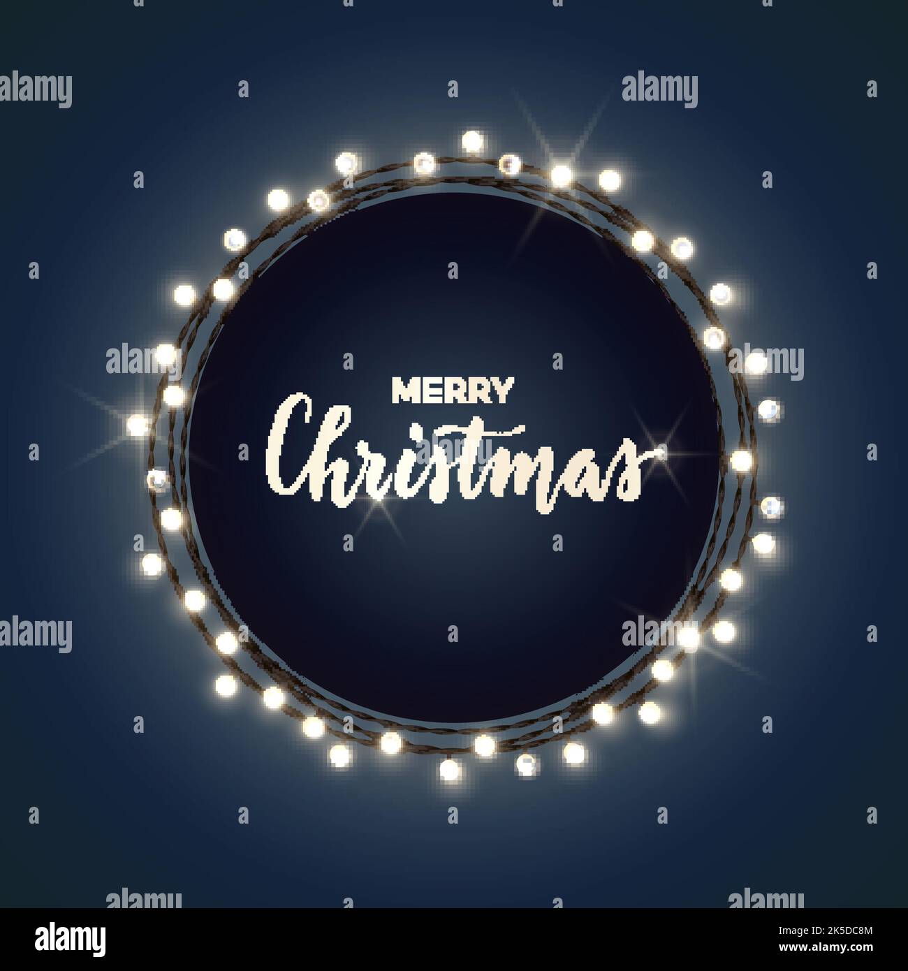 Round Christmas design with light bulb garland on dark backround ...