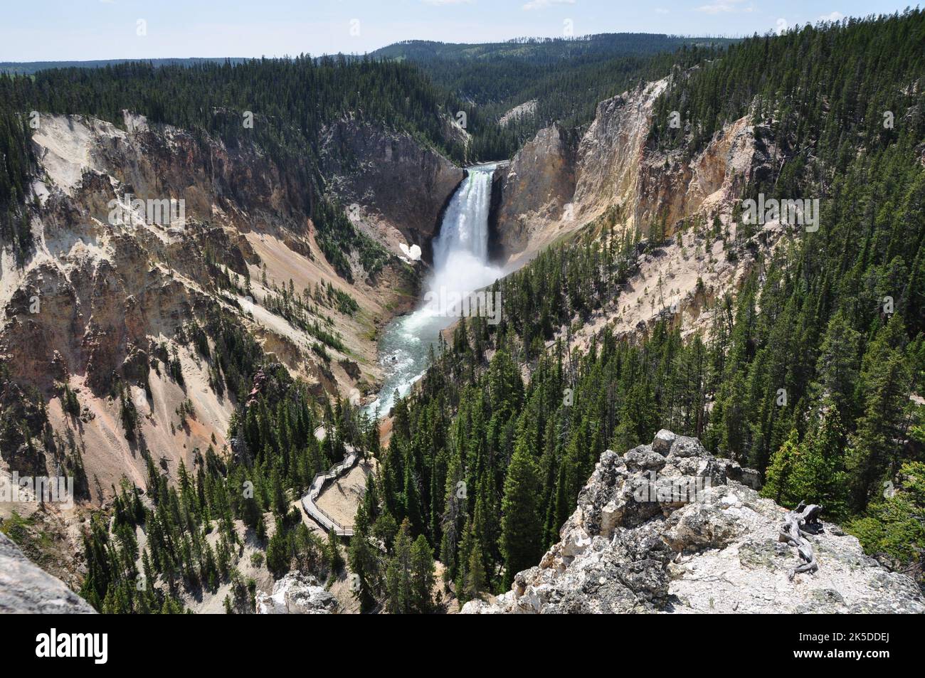 An aerial of Upper Falls of the Yellowstone river flowing to the sandy ...