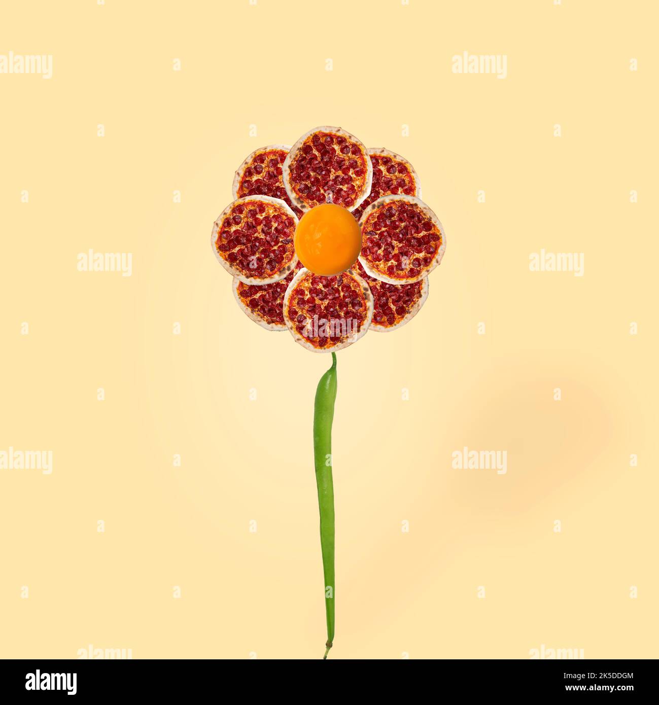 Flower with pepperoni pizza and yolks. Modern food concept. Place for ...