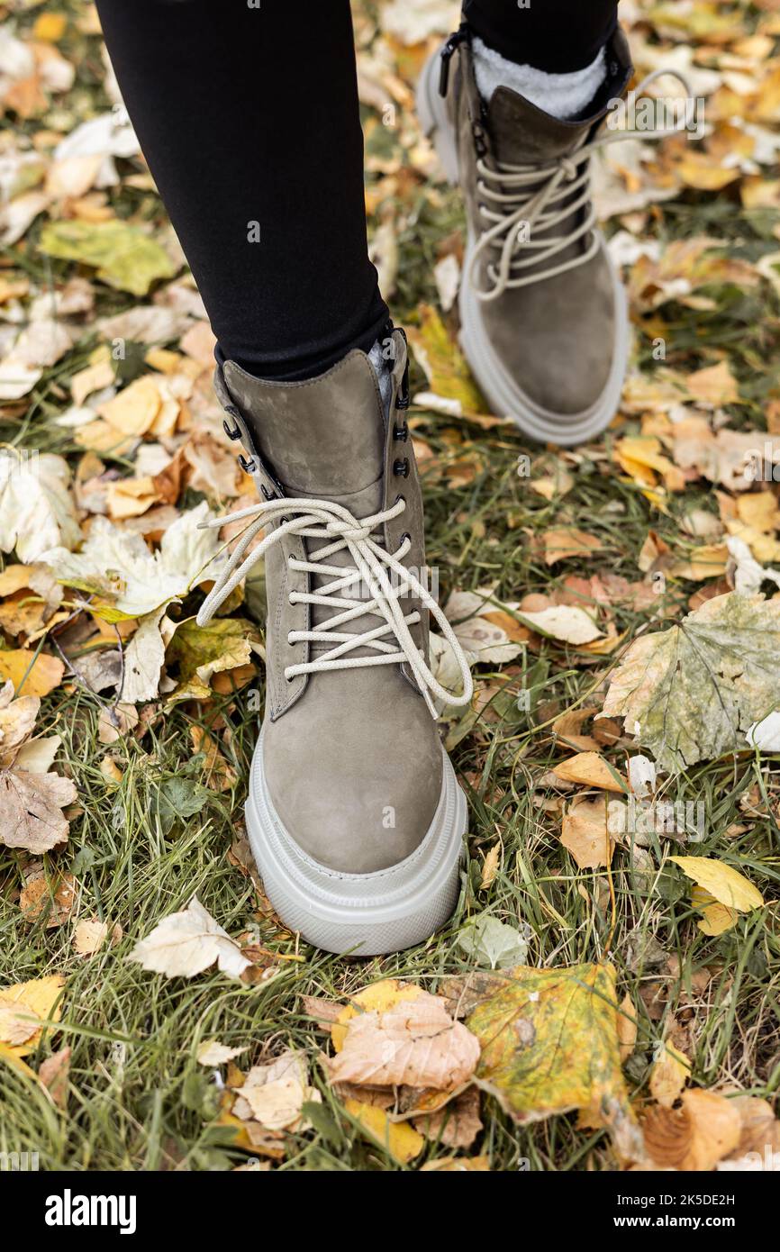 New collection of women's spring shoes. Slender female legs close-up in ...