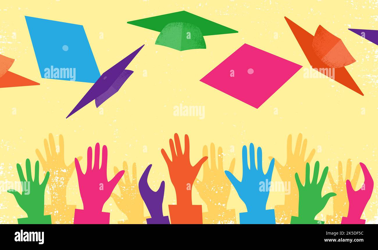 A crowd of graduates throwing caps in the air, in a grunge style with ...