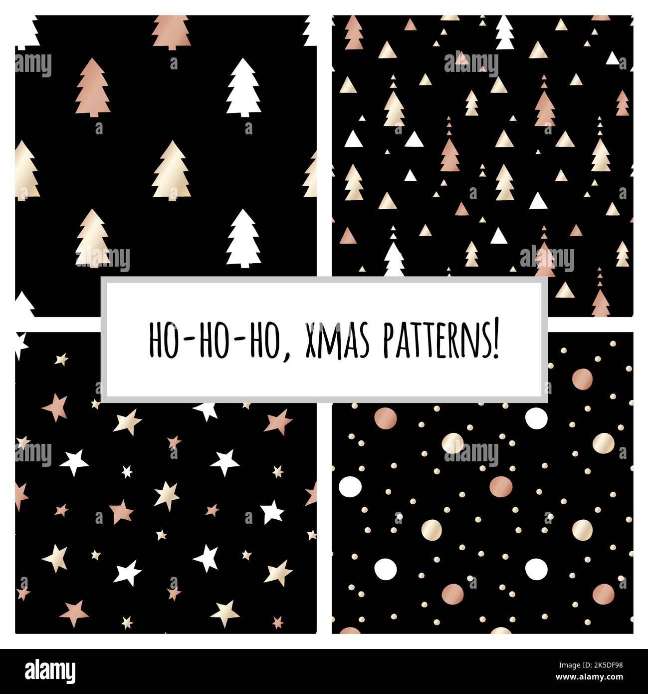 Set of gold foil seamless patterns with Christmas trees and stars for ...