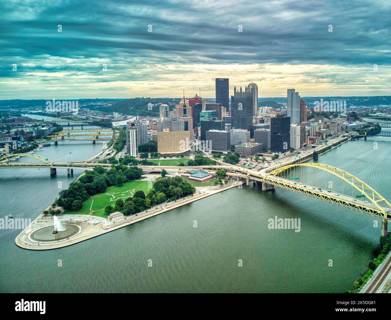 An Aerial view of Pittsburgh downtown skyline over the bridge on under ...