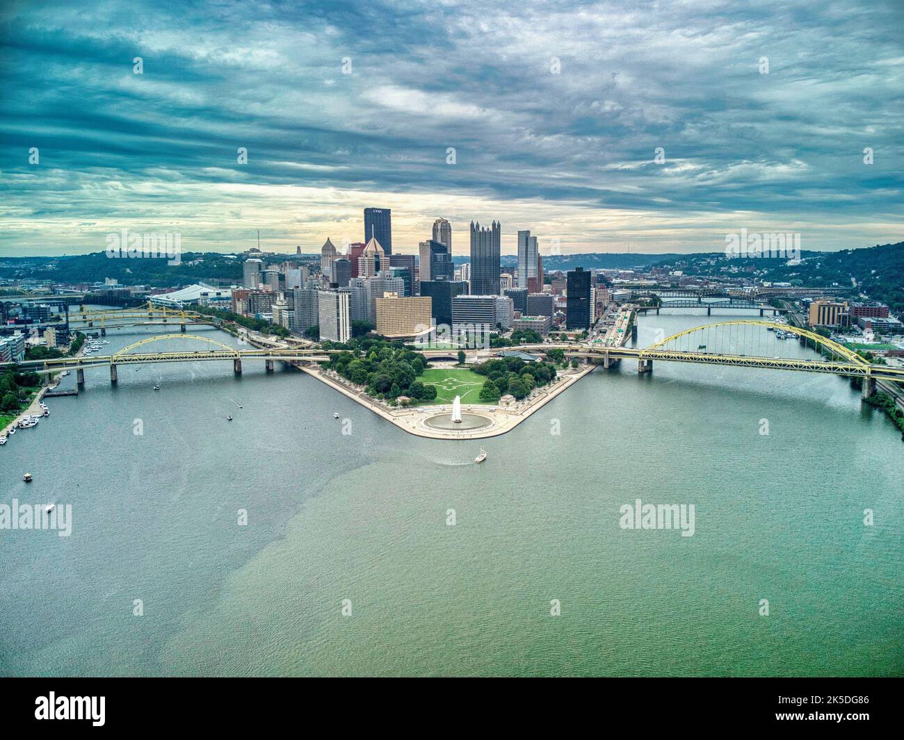 An Aerial view of Pittsburgh downtown skyline with bridges on under ...