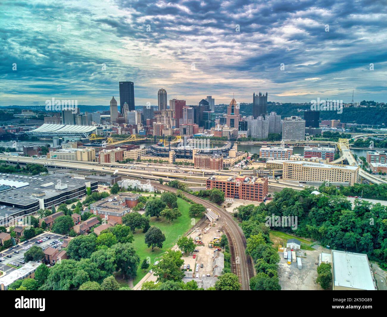 An Aerial view of Pittsburgh downtown skyline with bridges on under ...