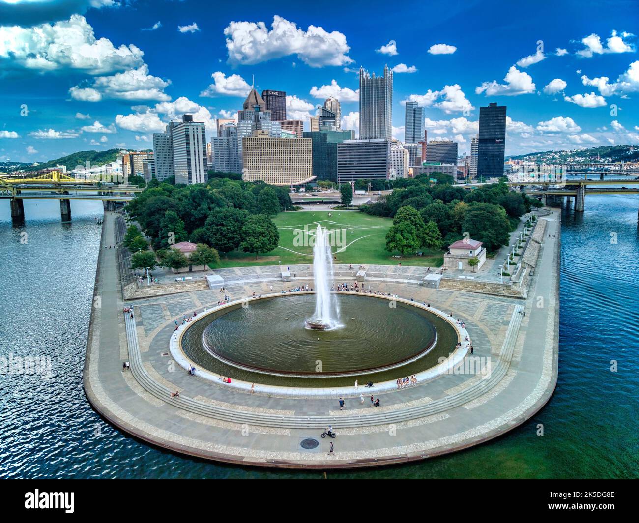 An Aerial view of Pittsburgh downtown skyline with bridges on under ...