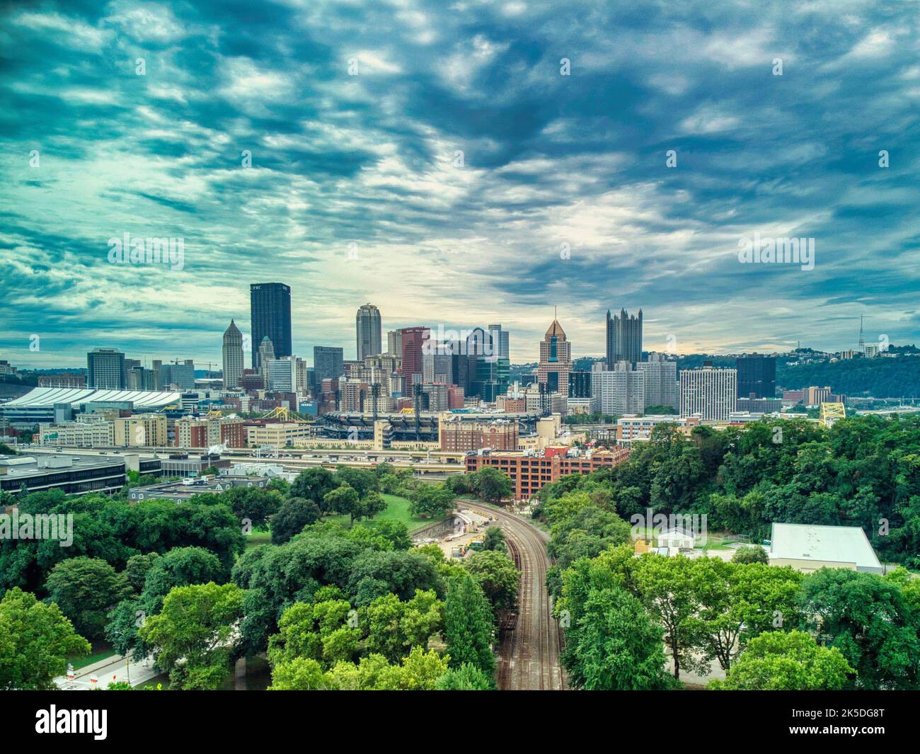 An Aerial view of Pittsburgh downtown skyline with bridges on under ...