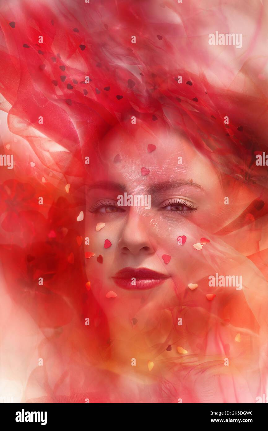 Hearts scattered through flowy veils, which show the romantic theme ...