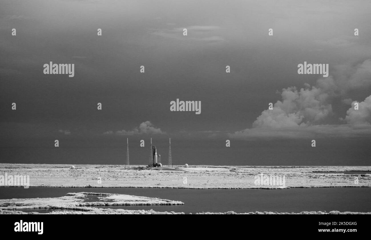 In this black and white infrared image NASA’s Space Launch System (SLS ...