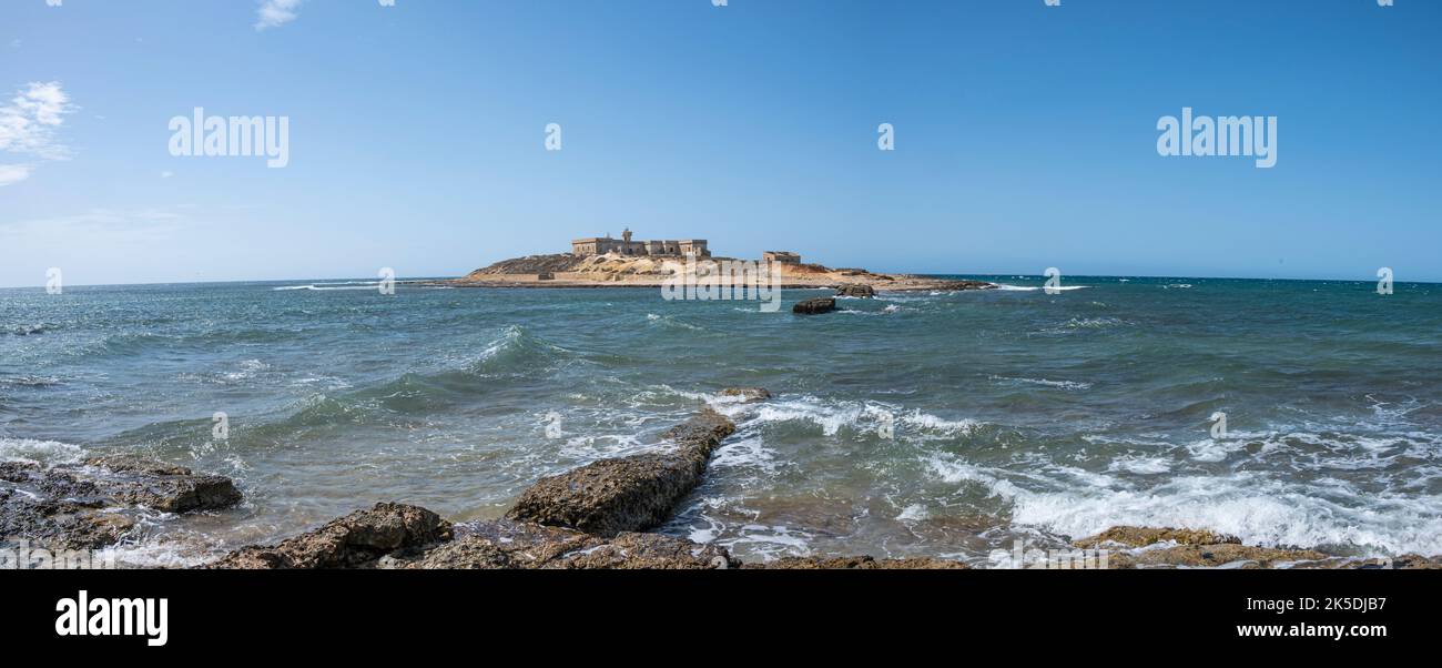 Extra wide view of the Island of the Currents where on one side there ...
