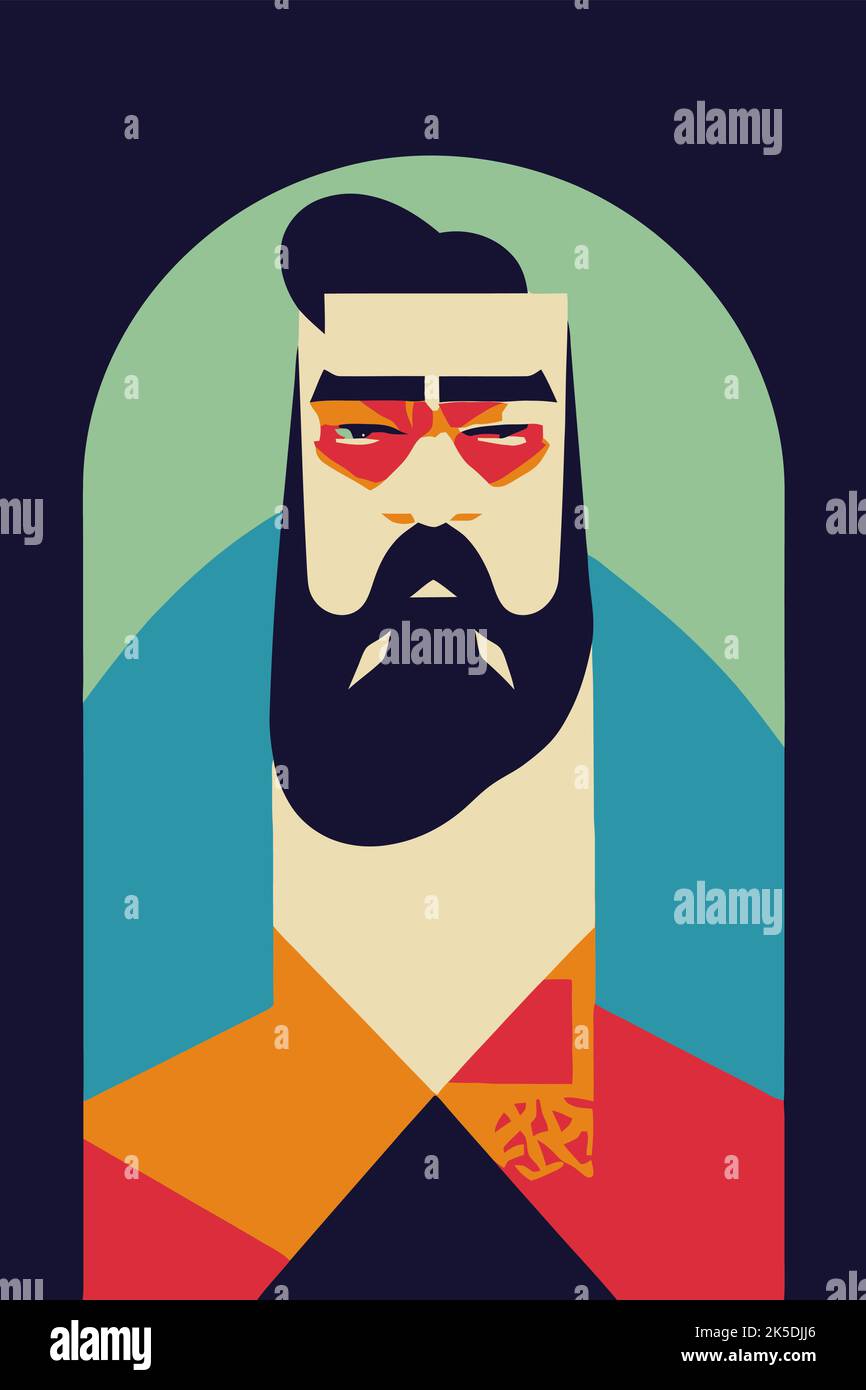 An artsy illustration of a man with a beard against a colorful ...