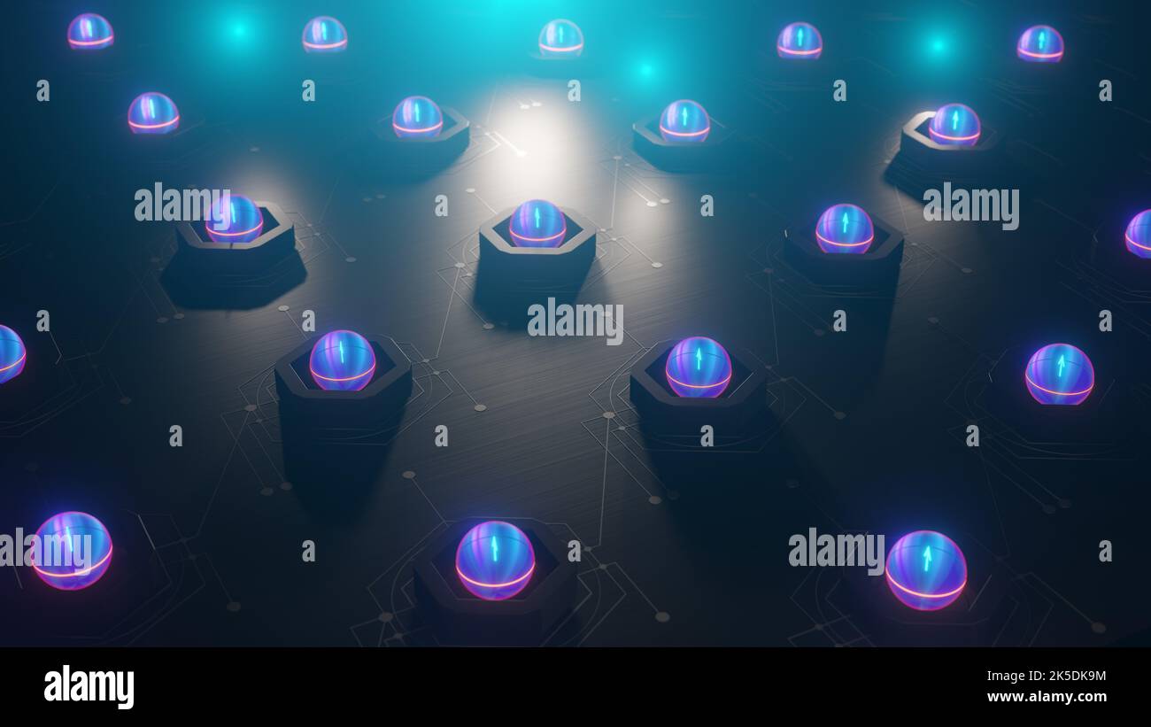 Quantum computer circuit at work, qubits, system board macro ...