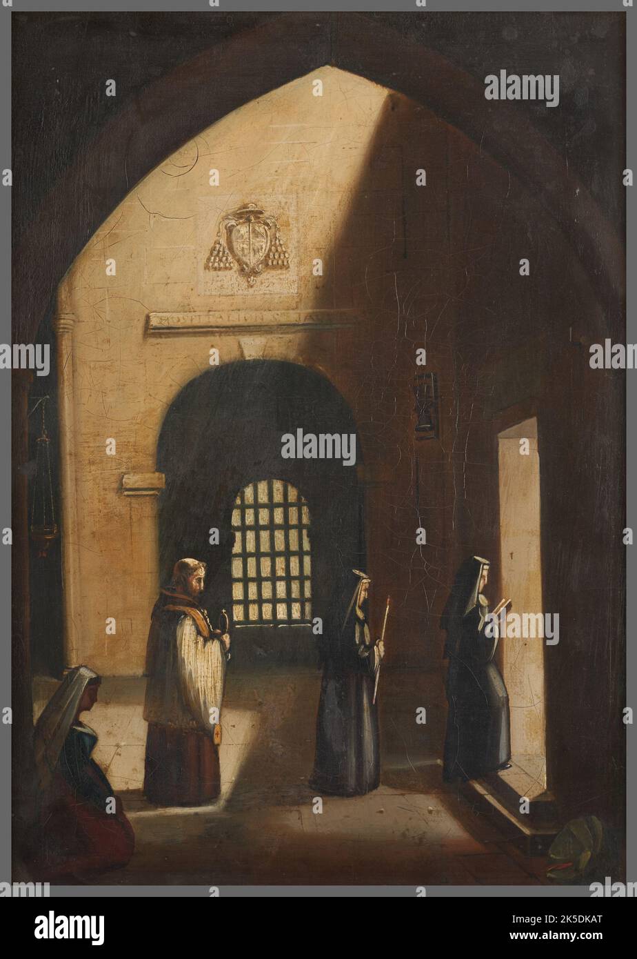 Deux religieuses et un diacre marchant dans une église, dans le genre ...