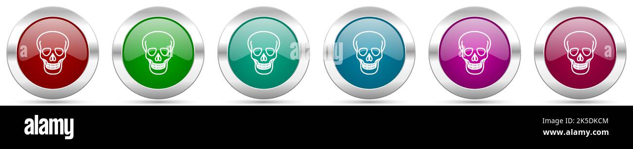 Skull silver metallic vector icon set, round glossy buttons with chrome ...